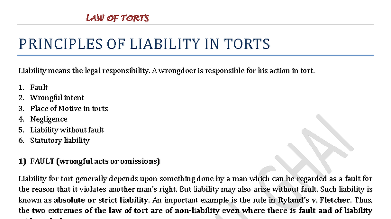 LAW OF TORTS: Principles of Liability Explained - Studocu