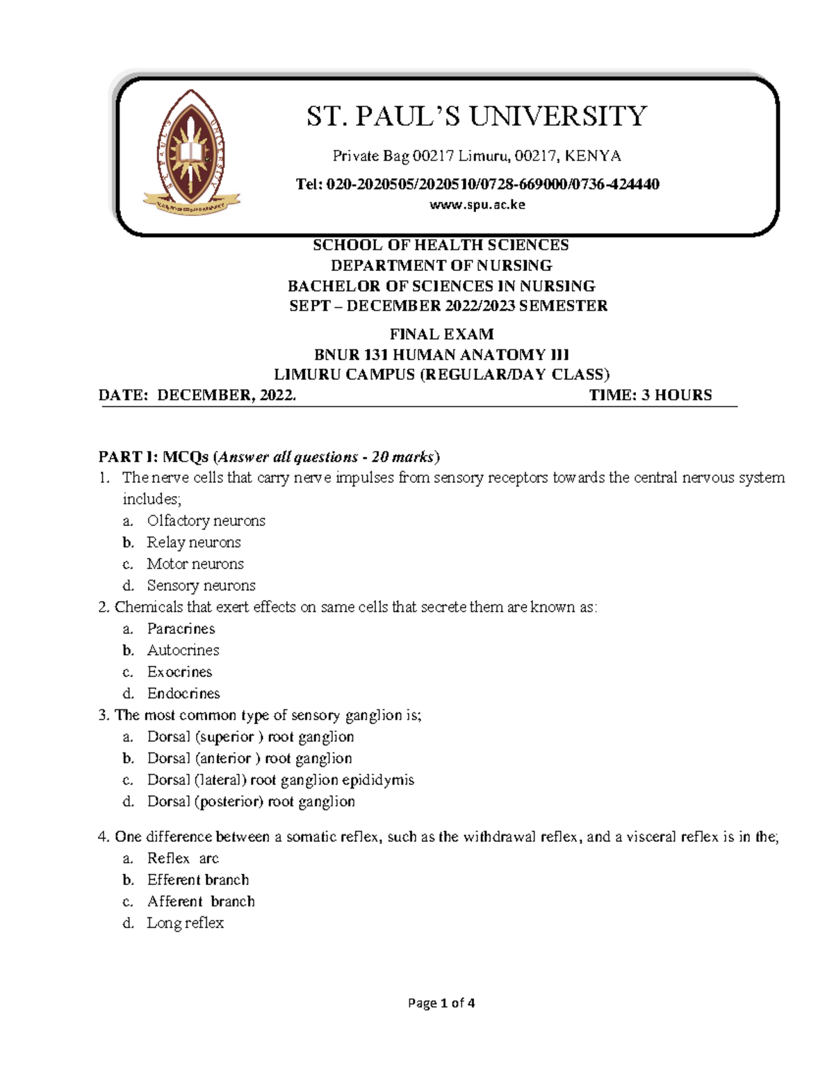 BNUR 131 Final Exam Study Guide: Human Anatomy III - Studocu