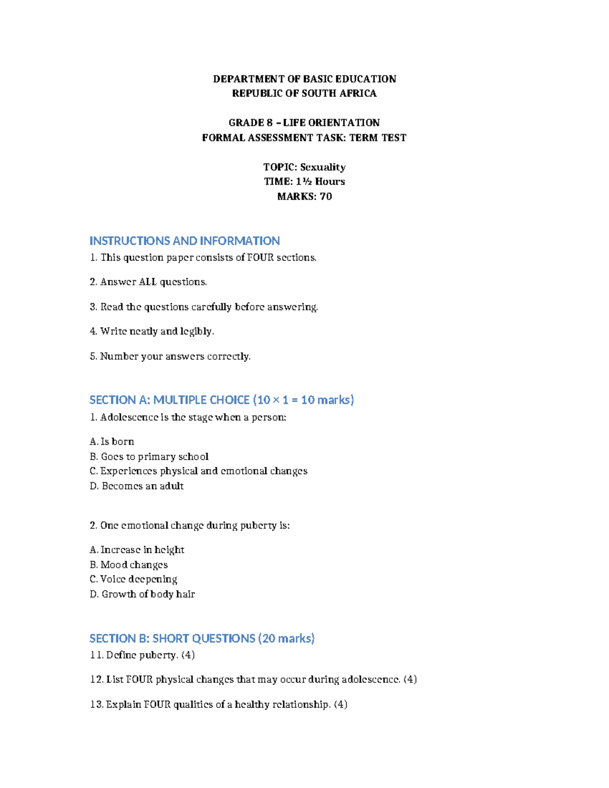 Grade 8 LO Term Test: Sexuality Assessment (70 Marks) - Studocu