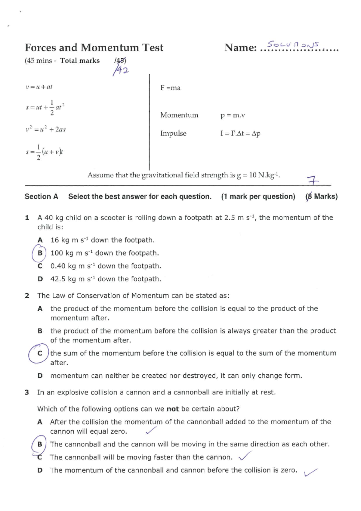 Forces and Momentum Test 2018: Complete Solutions Guide - Studocu