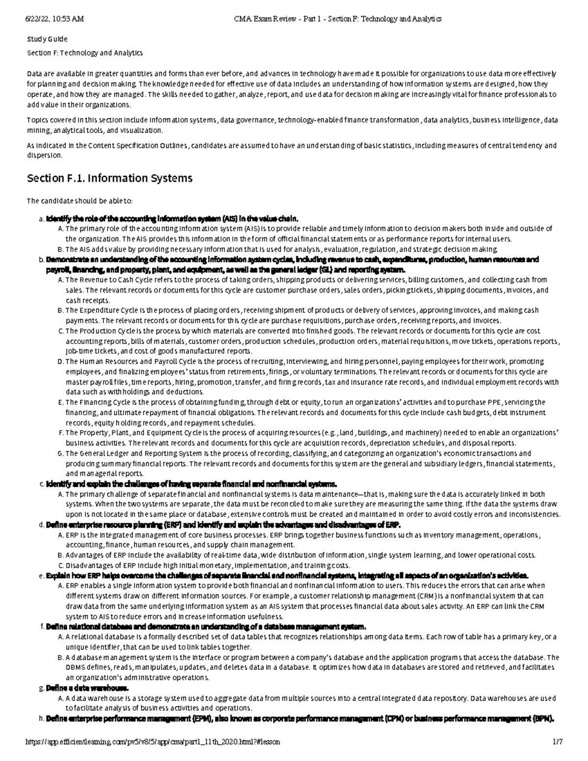 CMA Exam Review - Part 1 - Section F: Data Analytics and Technology ...