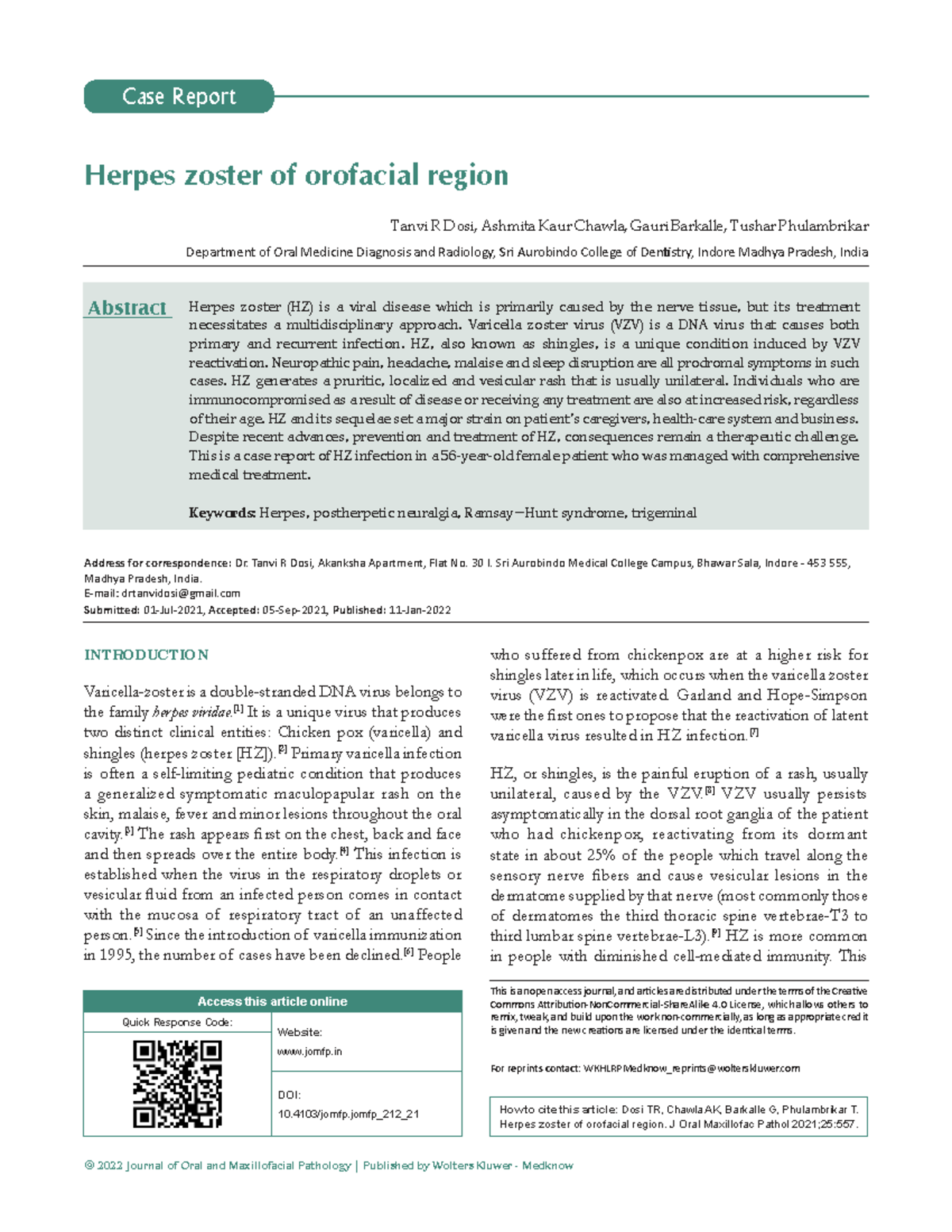 Case Report: Herpes Zoster in the Orofacial Region (OMDR 2021) - Studocu