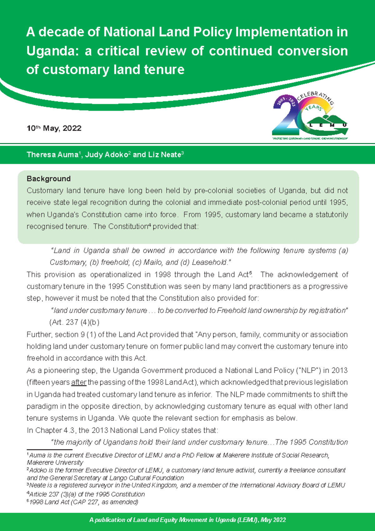 Position Paper on National Land Policy 2013: Review of Customary Land ...