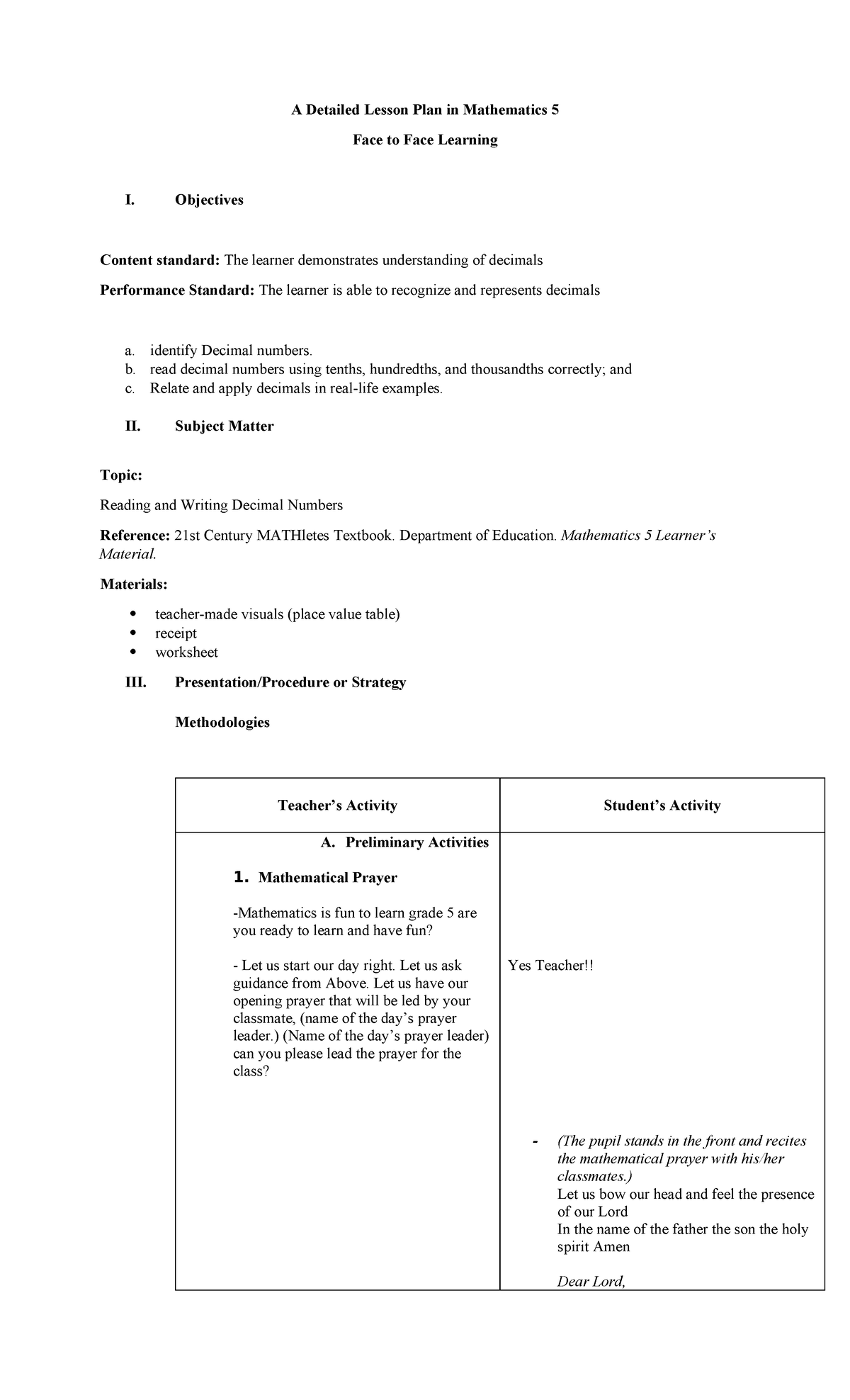 Detailed Lesson Plan: Reading & Writing Decimals (Math 5) - Studocu