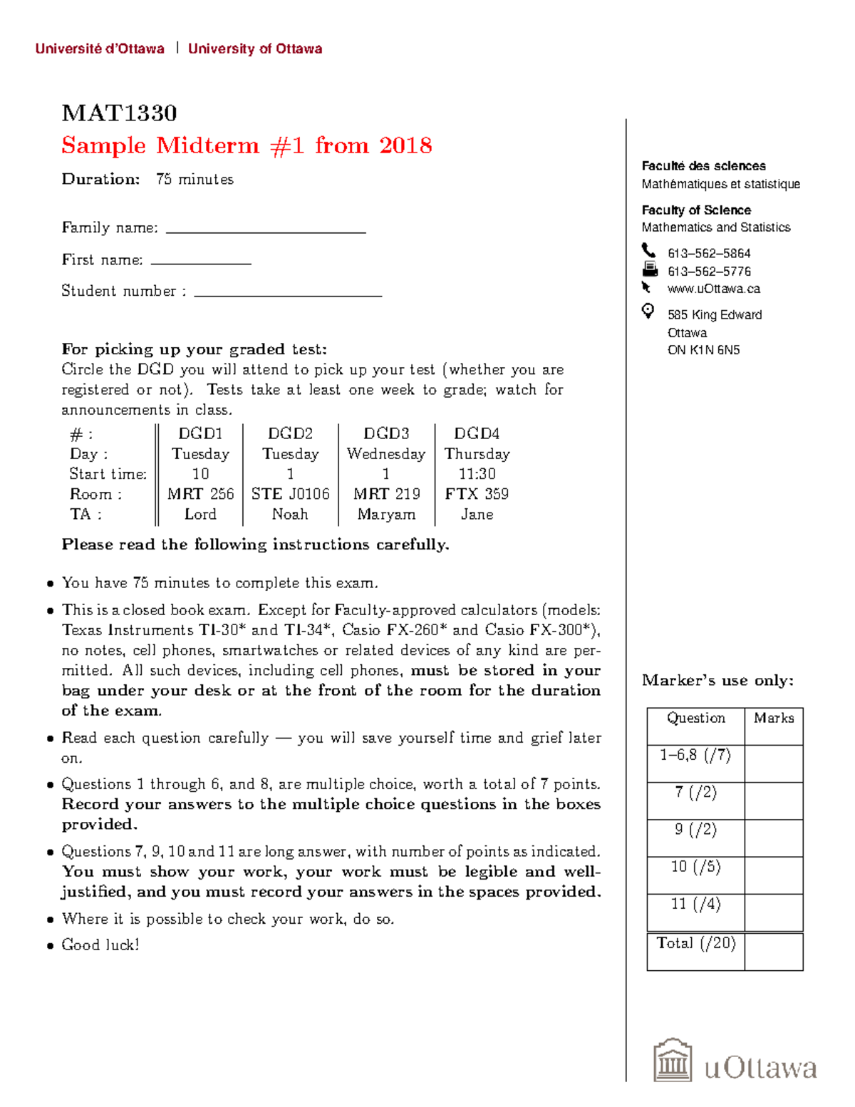 University of Ottawa MAT1330 Sample Midterm Solutions 2018 - Studocu
