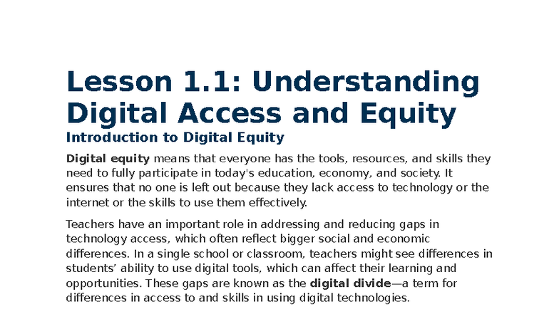 Lesson 1.1: Digital Access & Equity in Education - Studocu