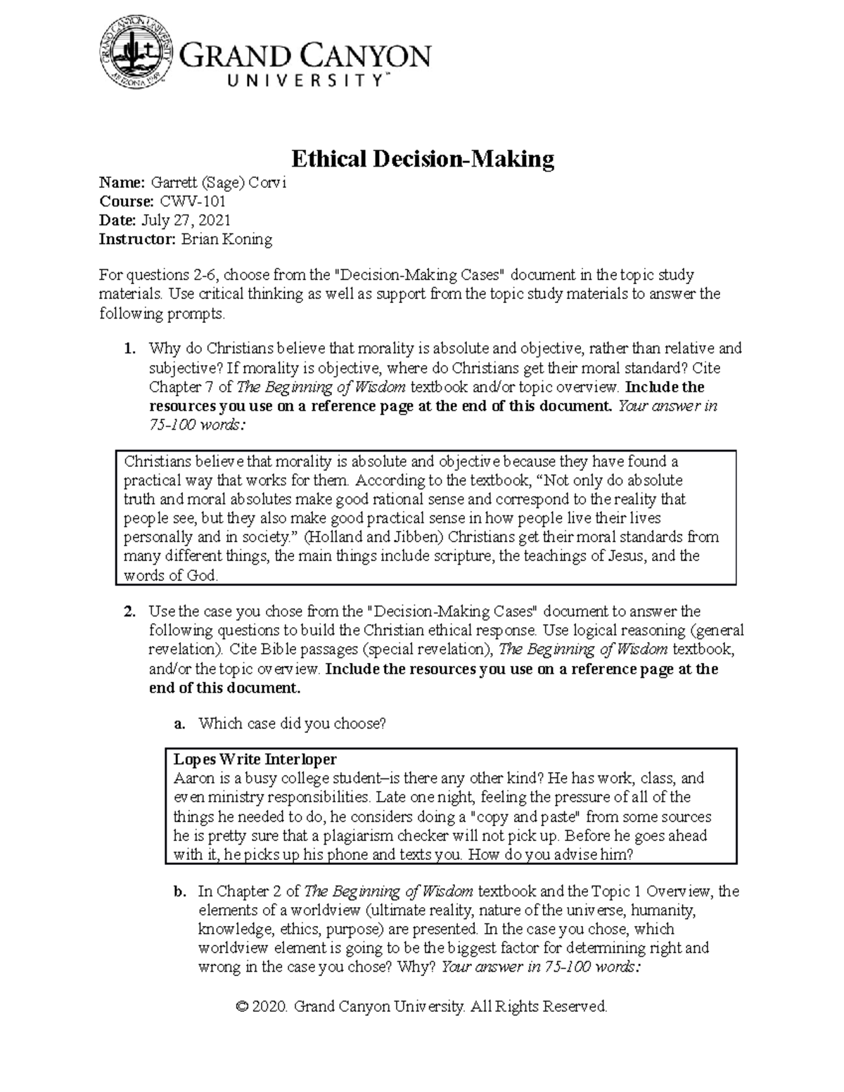 CWV- Ethical Decision-Making Worksheet: Christian Ethics in Action ...