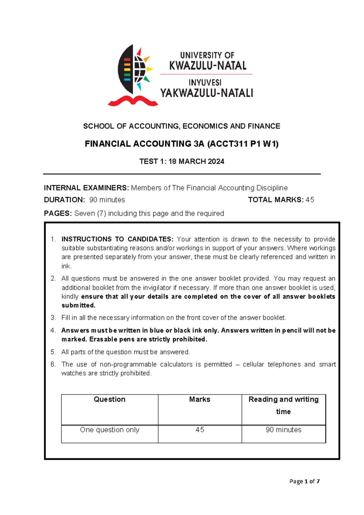 Test 1 final Q - PAST PAPERS - SCHOOL OF ACCOUNTING, ECONOMICS AND ...