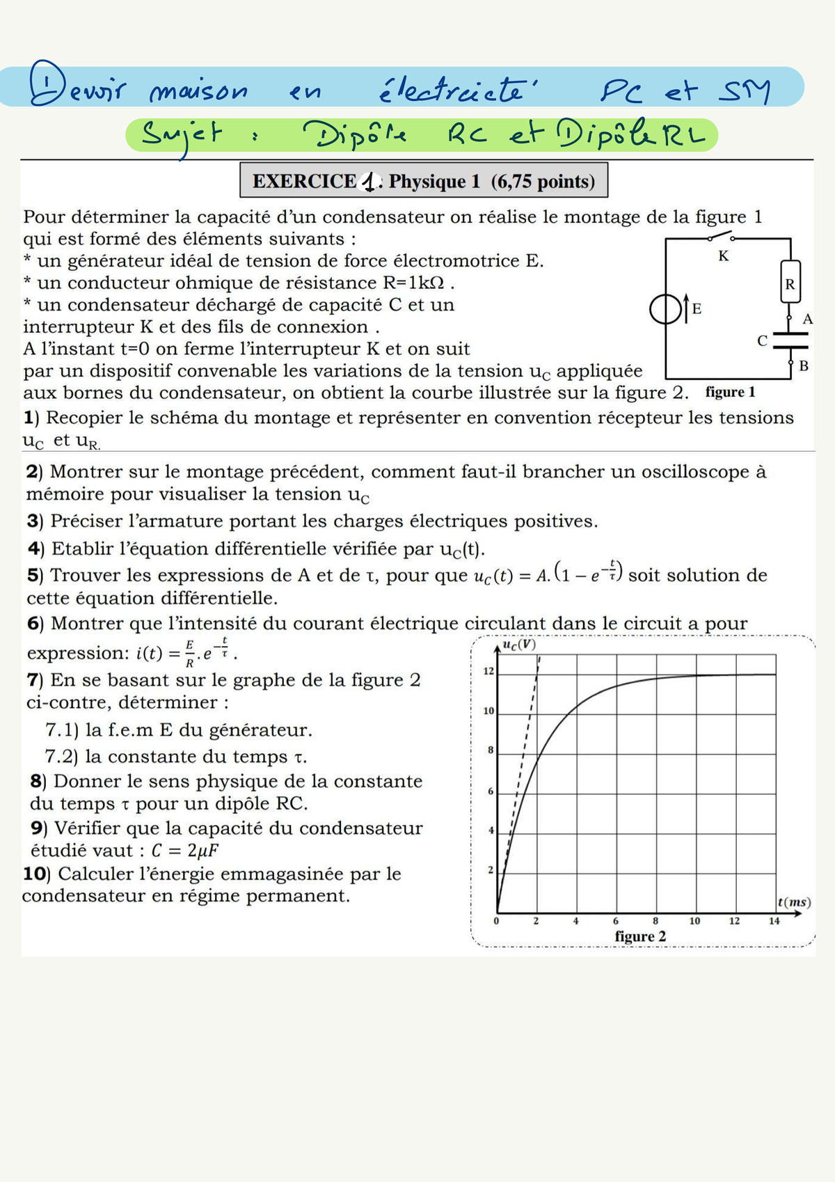 Exercice 1: Dipôle RC et RL en Physique 1 (6,75 pts) - Studocu