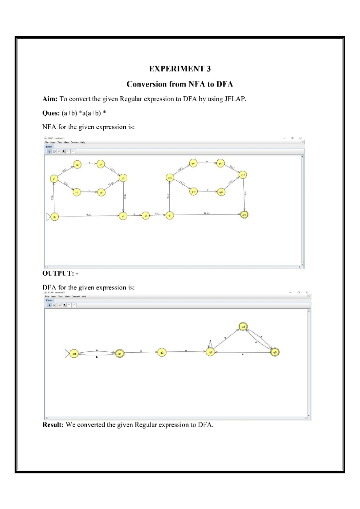 Experiment 3: NFA to DFA Conversion Using JFLAP - Studocu