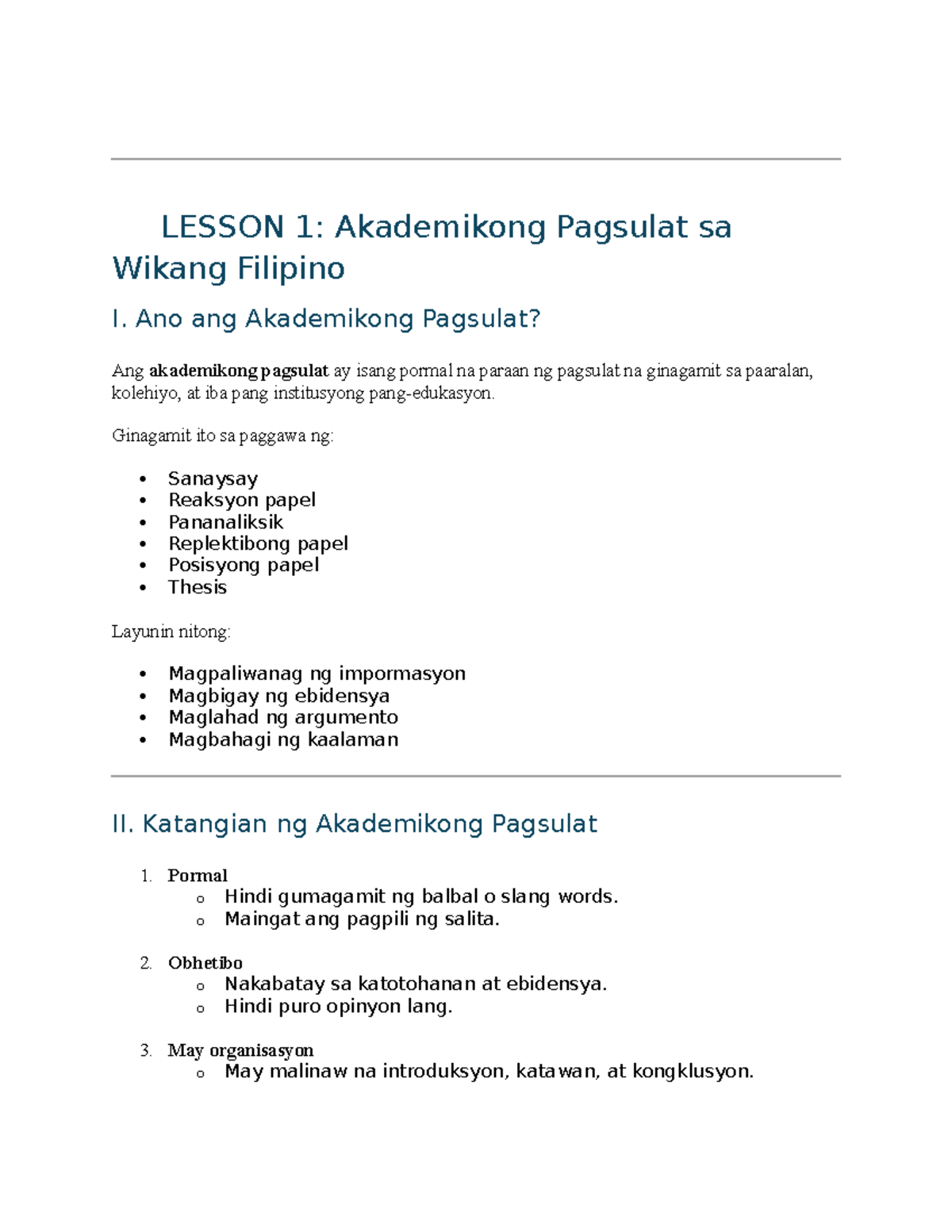 LESSON 1: Akademikong Pagsulat sa Wikang Filipino I - Studocu