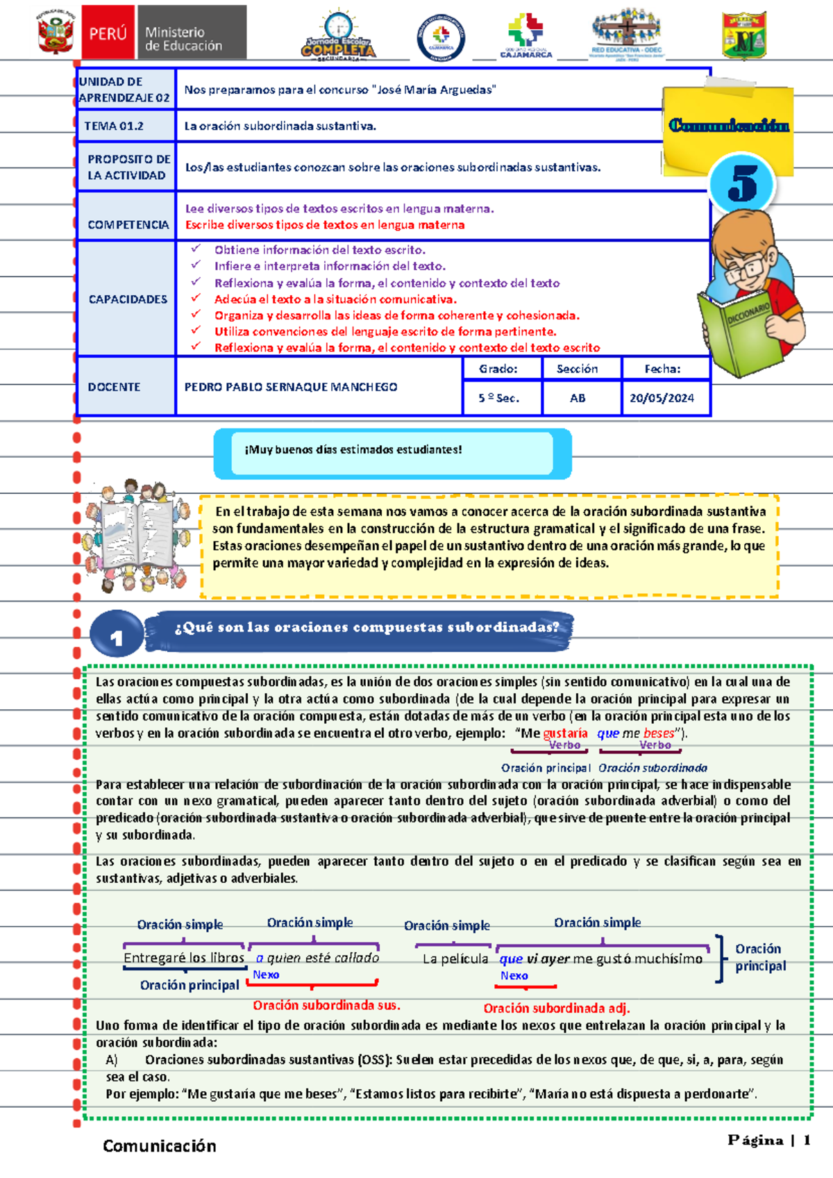 5º SEC. Comun. ACTV 01 - Aprendizaje sobre Oraciones Subordinadas - Studocu