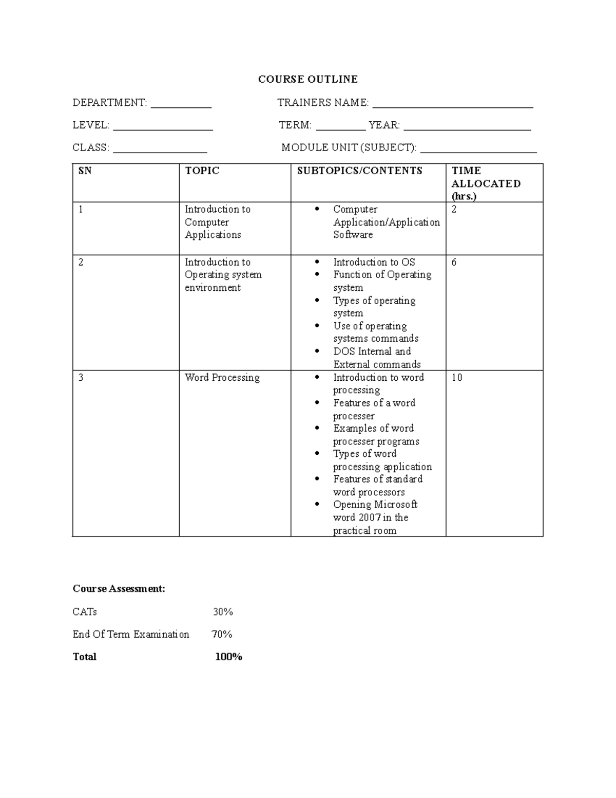 Computer Applications 1 Course Outline: Intro to Software & OS - Studocu