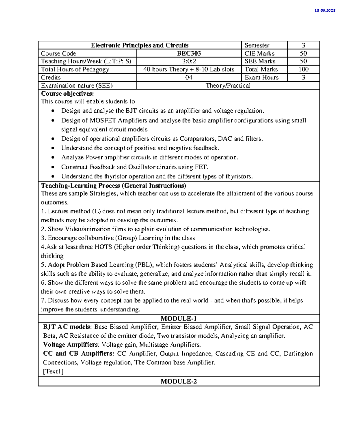 BEC303 Electronic Principles & Circuits Syllabus for Semester 3 - Studocu