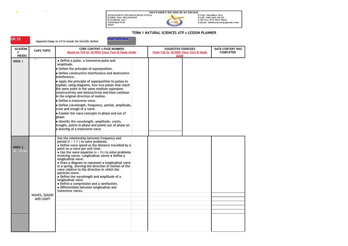 TERM 1 & 2 Natural Sciences ATP Gr 8 Lesson Planner 2025 - Studocu