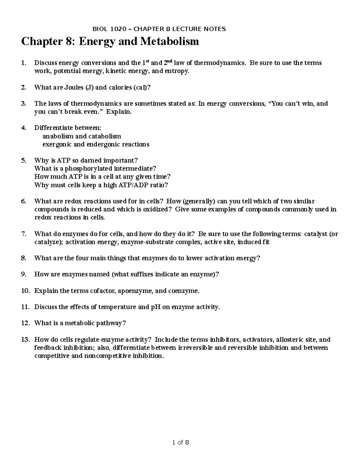 Chapter 08 - CH 8 study guide and notes. - Chapter 8: Energy and ...