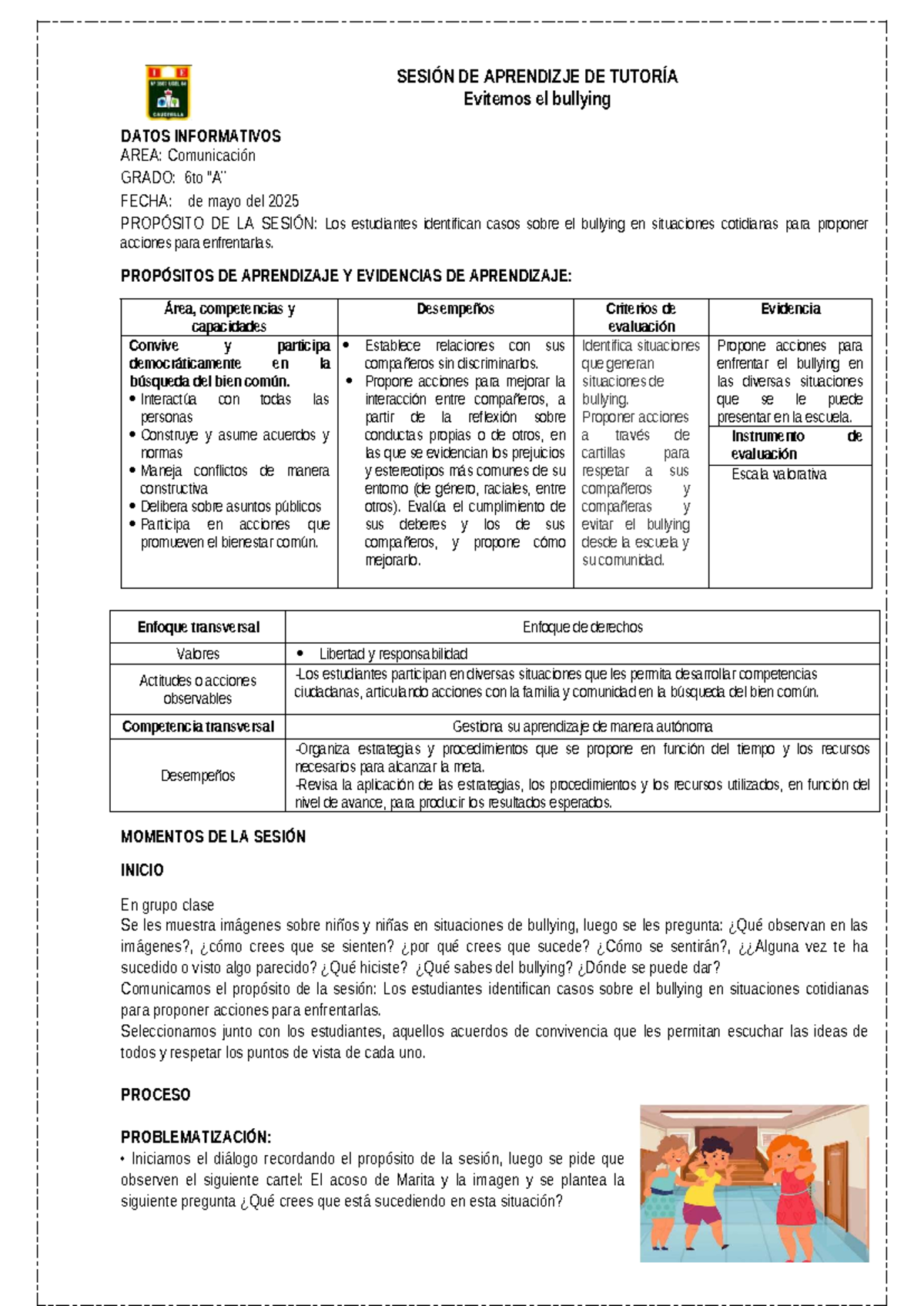 SESION DE APRENDIZAJE: Evitemos el Bullying - Grado 6to - Studocu