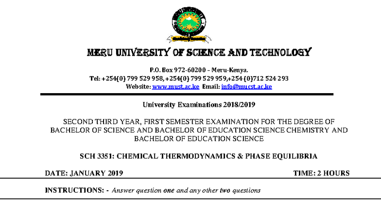 SCH 3351: Chemical Thermodynamics & Phase Equilibria Exam Notes - Studocu