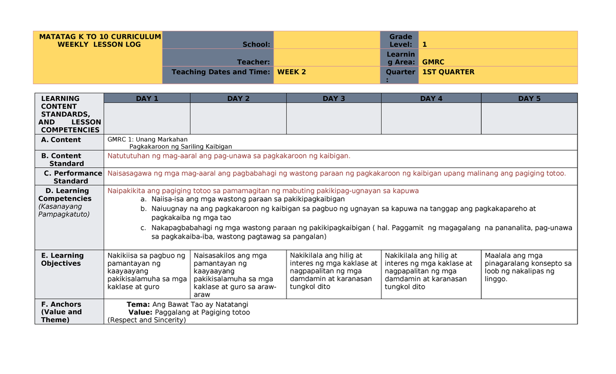 LE GMRC 1 Q1 Week 2 - Lesson Plan on Friendships and Values - Studocu