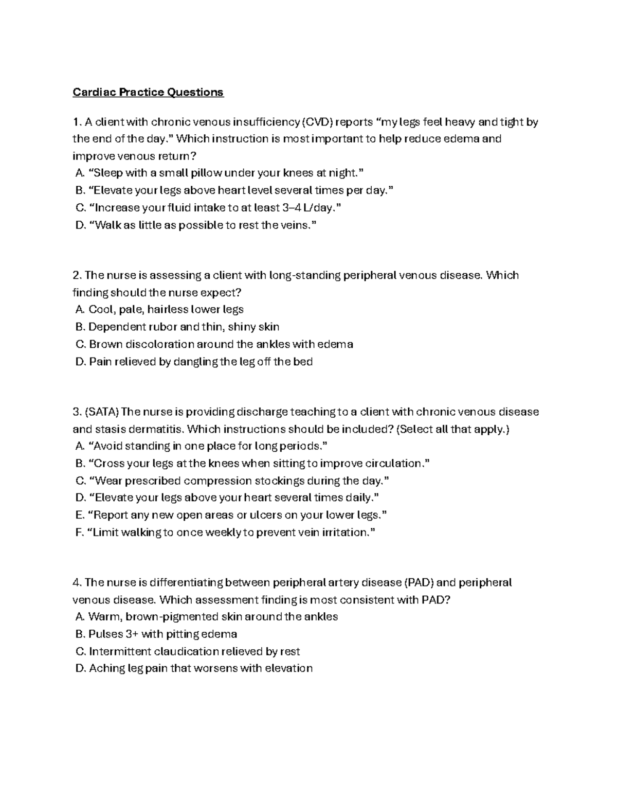 Cardiac Practice Questions for Nursing Exam Review (NUR 101) - Studocu