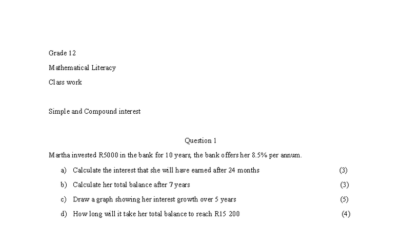 Grade 12 Math Lit: Simple & Compound Interest Class Work - Studocu