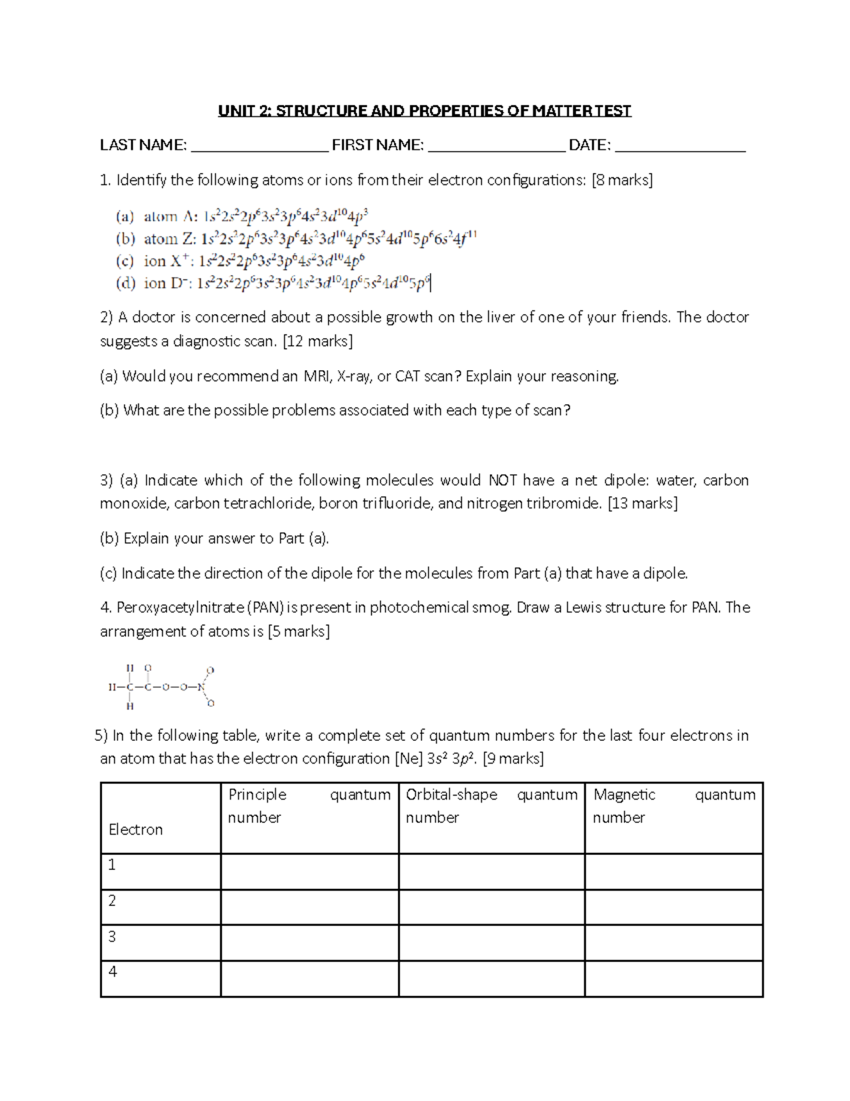 SCH4U UNIT 2: Structure and Properties of Matter Test Review - Studocu