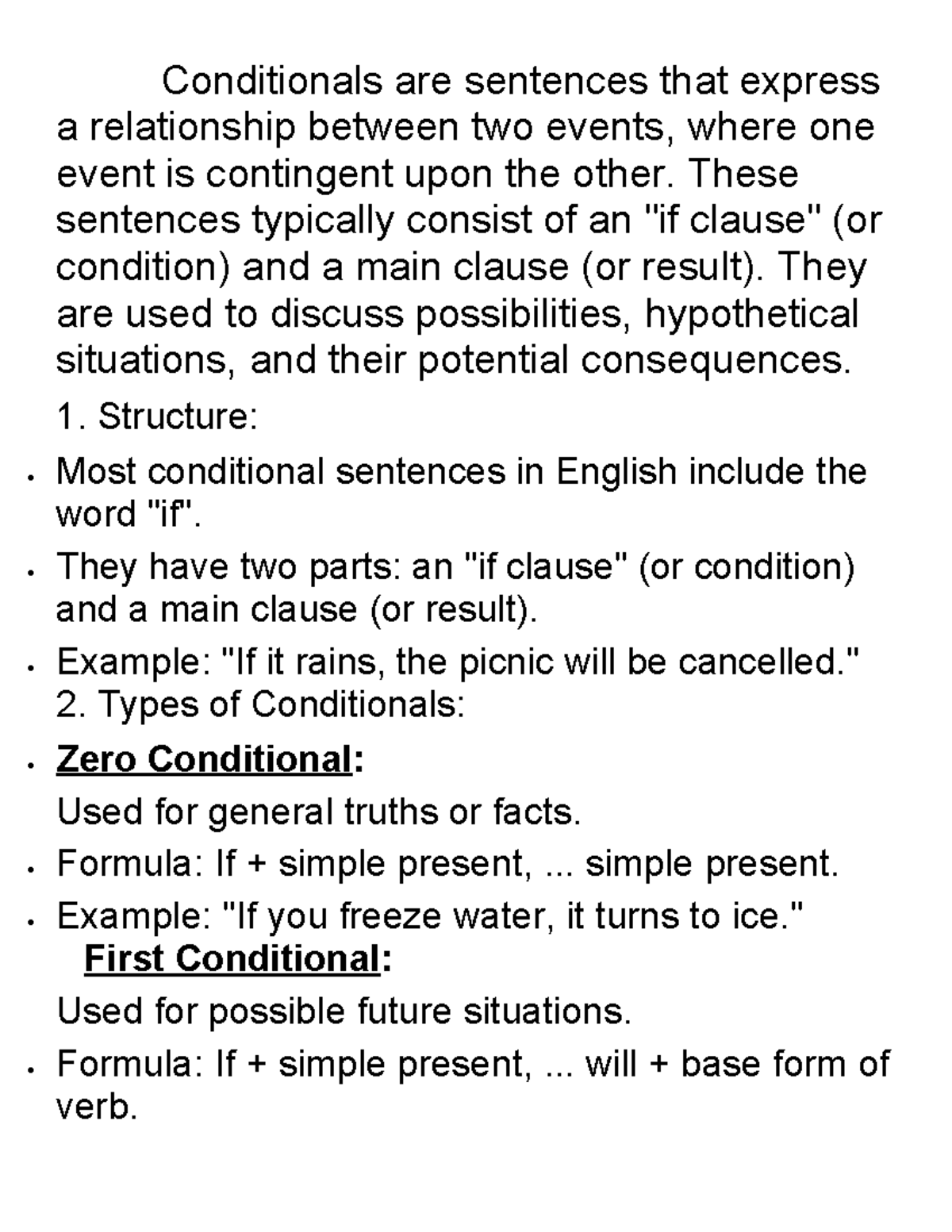 Conditionals - LECTURE NOTES on Sentence Structures and Types - Studocu