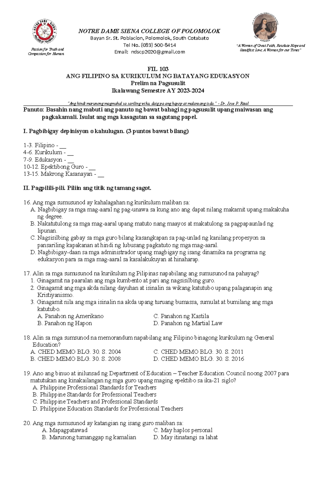 FIL-103 Prelim Exam Study Guide on Filipino Education Curriculum - Studocu