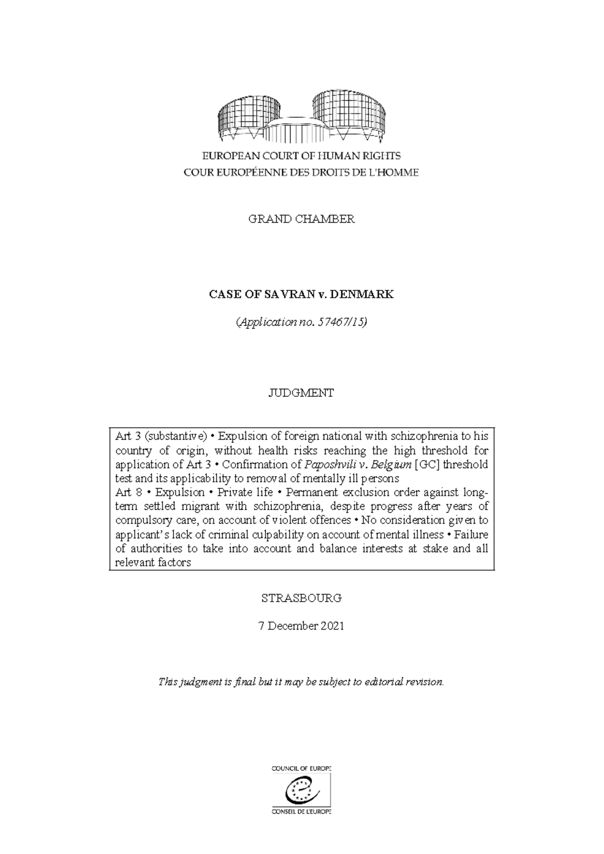 CASE STUDY: Savran v. Denmark - Mental Health and Expulsion Issues ...