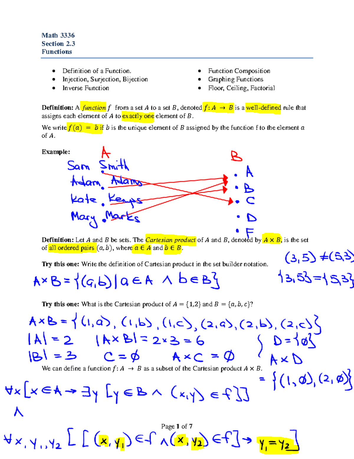 Discrete Mathematics - Lecture 2.3 Functions - Math 3336 Section 2. Functions Definition of a ...