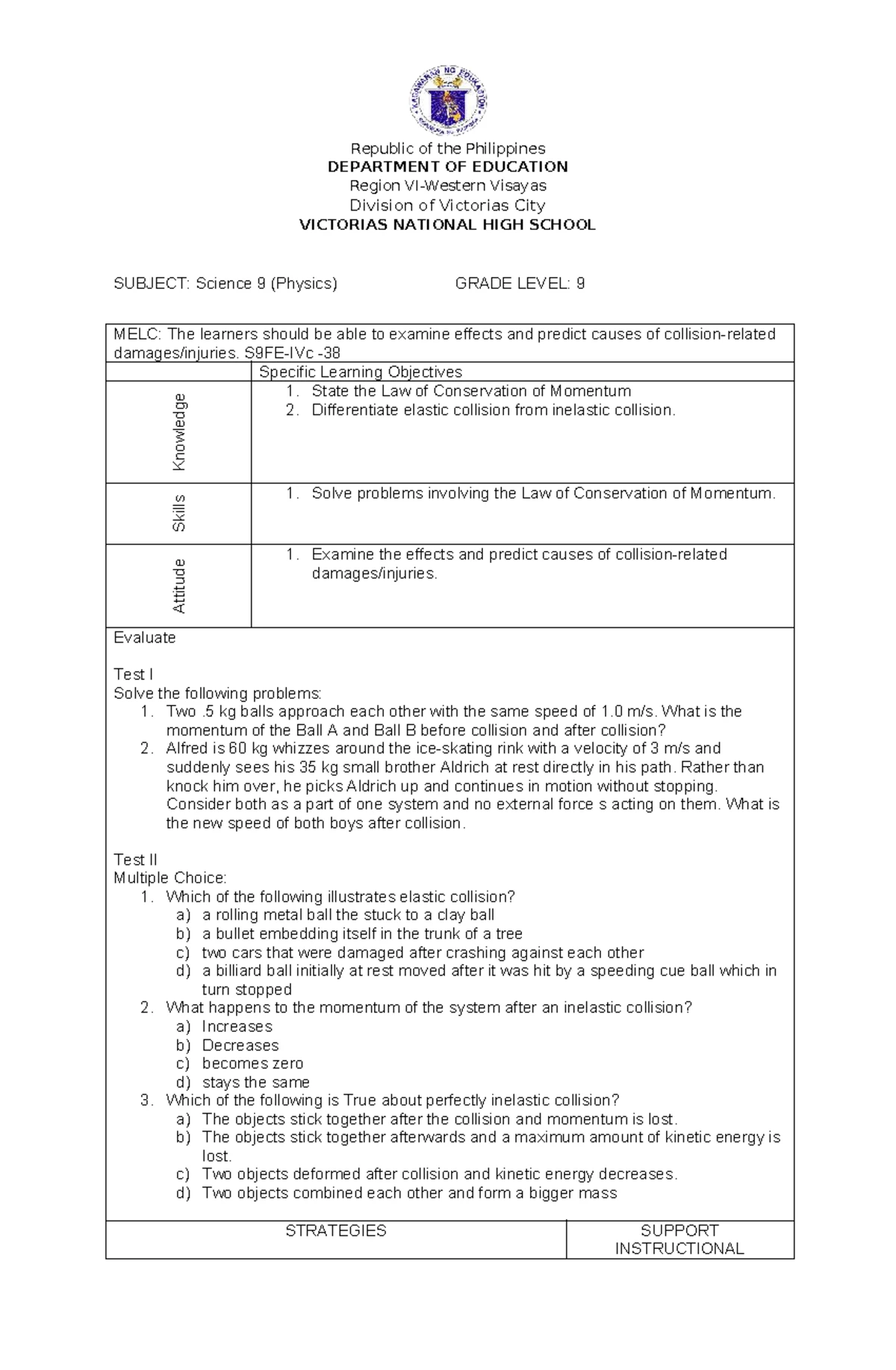 2D Projectile Motion Lesson Plan (Science 9) - Studocu