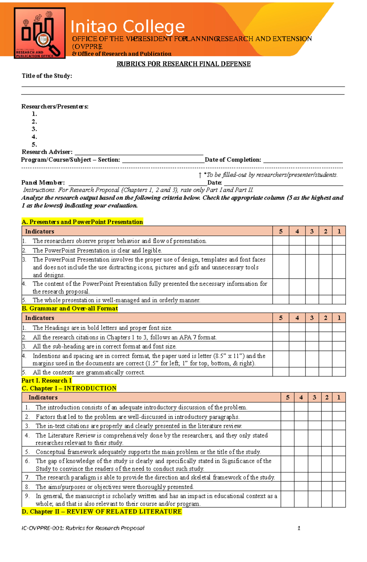 Rubrics for Research Final Defense - IC-OVPPRE-001 Evaluation Guide ...