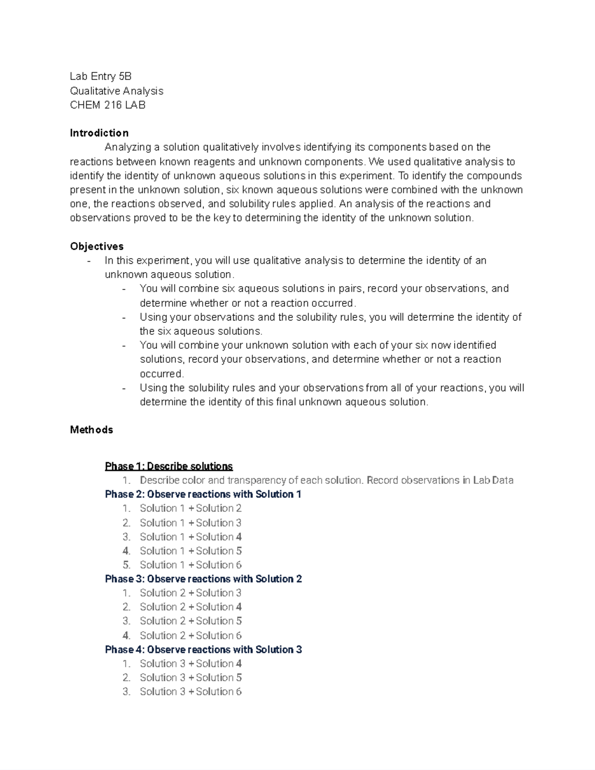 Qualitative Analysis of Unknown Solutions: Lab Entry 5B - CHEM 216 ...