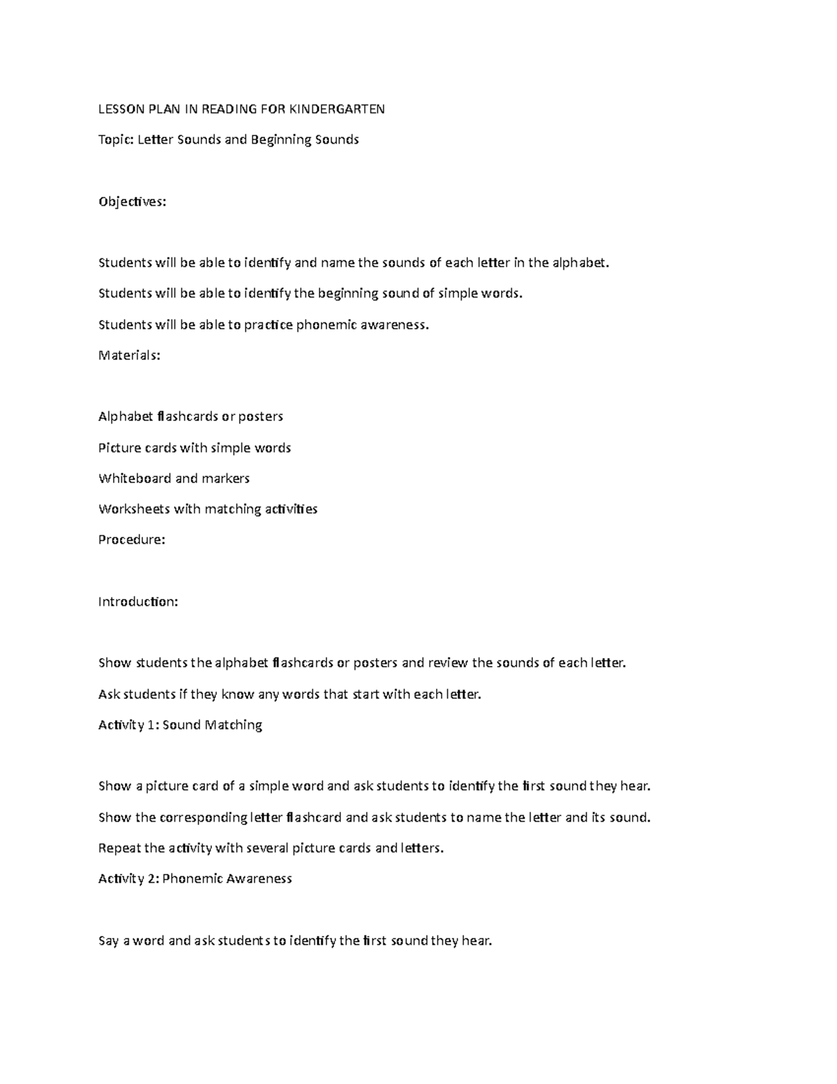 Kindergarten Reading Lesson Plan: Letter & Beginning Sounds Activities ...
