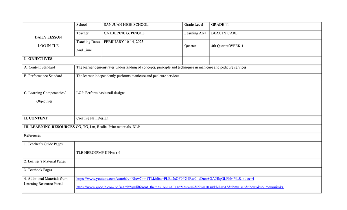DLL Q4-W1-LO 2: Creative Nail Designs Lesson Plan and Activities - Studocu