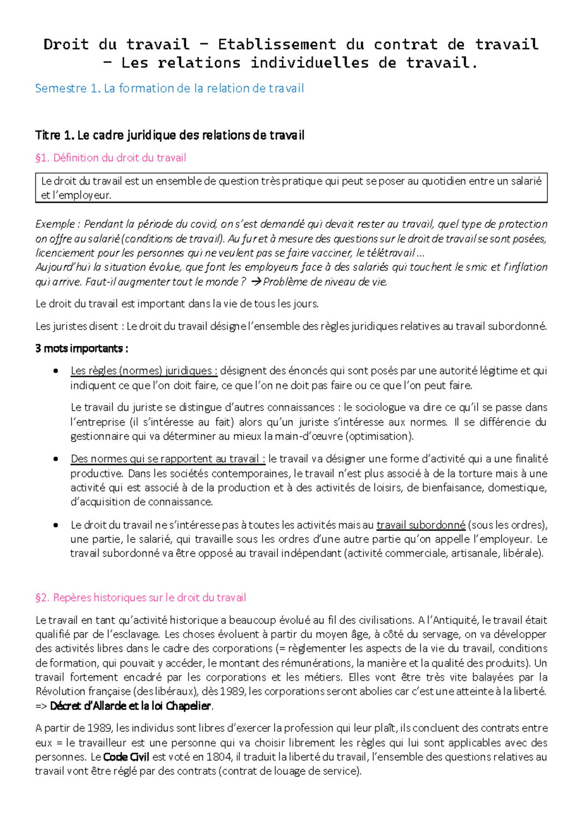 Cours S1 Droit du travail - Droit du travail – Etablissement du contrat ...