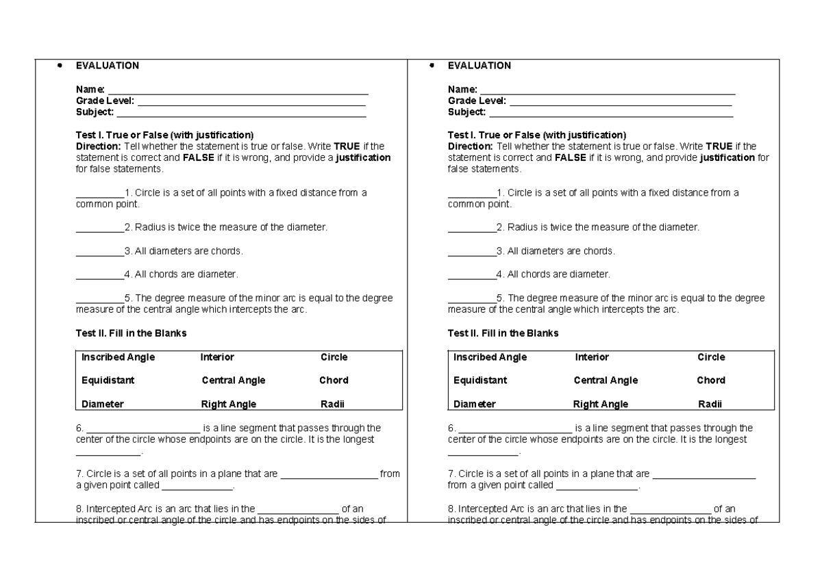 EVALUATION: True or False & Fill in the Blanks (Test I & II) - Studocu