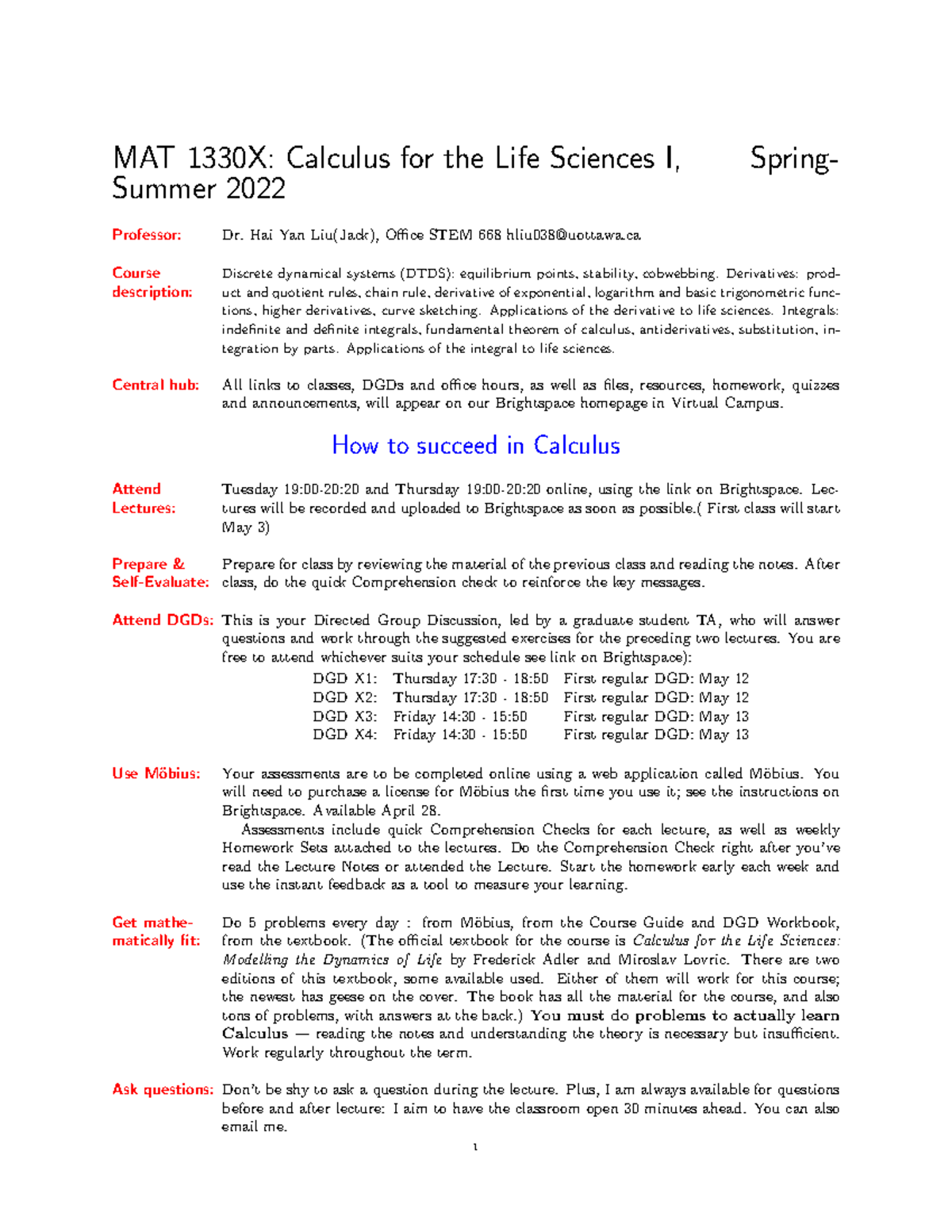 MAT 1330 2022 Syllabus Summer - MAT 1330X: Calculus for the Life ...