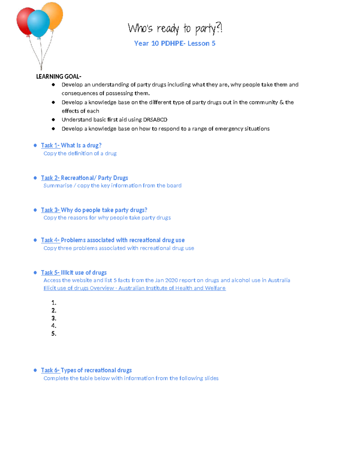 Year 10 Pdhpe- T1 Lesson 6 - Who’s ready to party?! Year 10 PDHPE ...