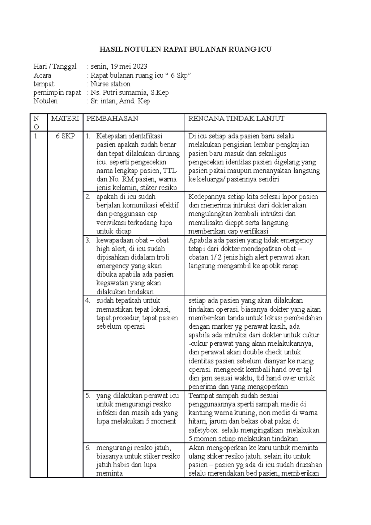 Hasil Notulen SKP - HASIL NOTULEN RAPAT BULANAN RUANG ICU Hari ...