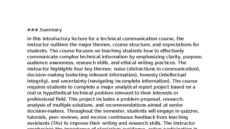 Tech Com 101: Introductory Lecture Summary & Key Themes - Studocu