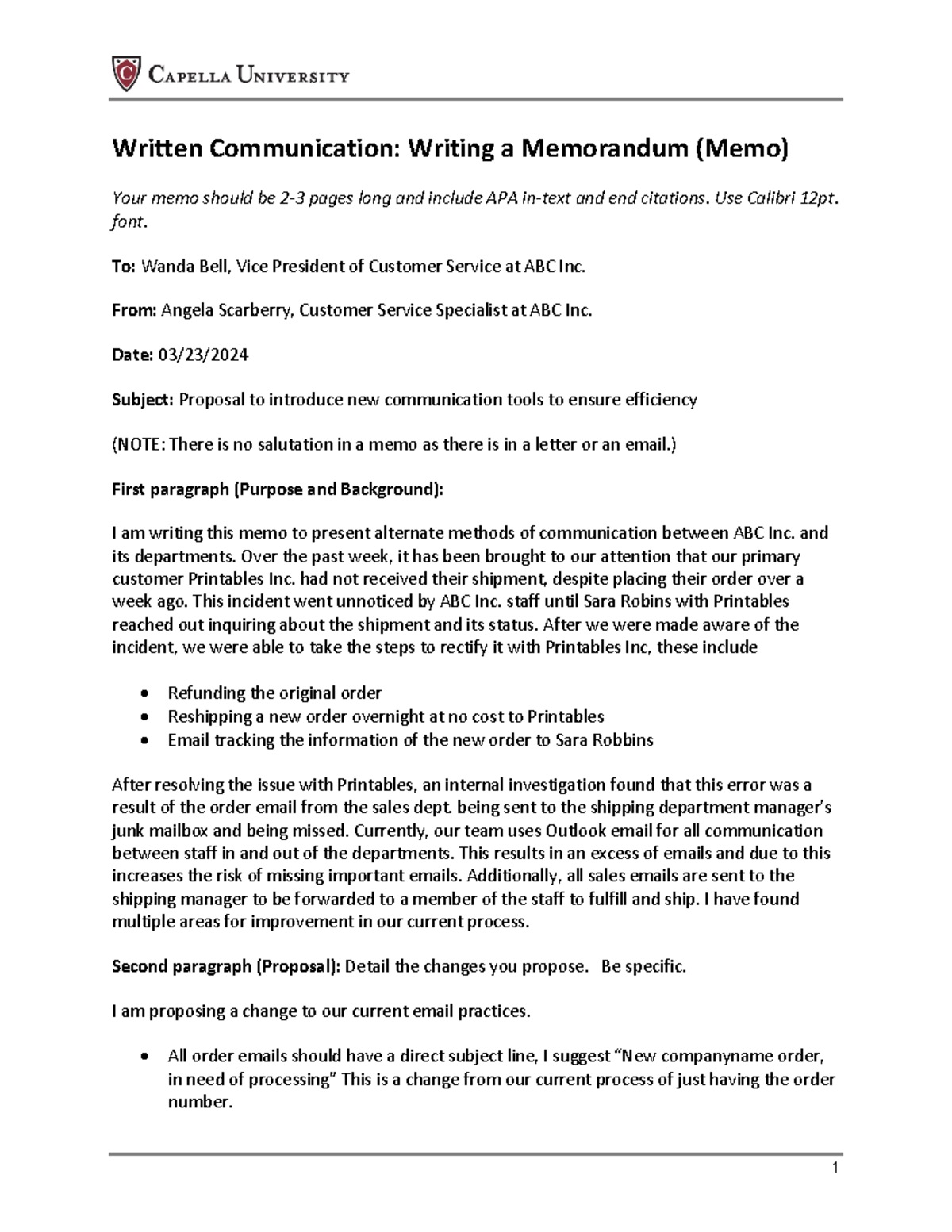 COMFPX1250 Scarberry Angela Memo4-1 - 1 Written Communication: Writing ...