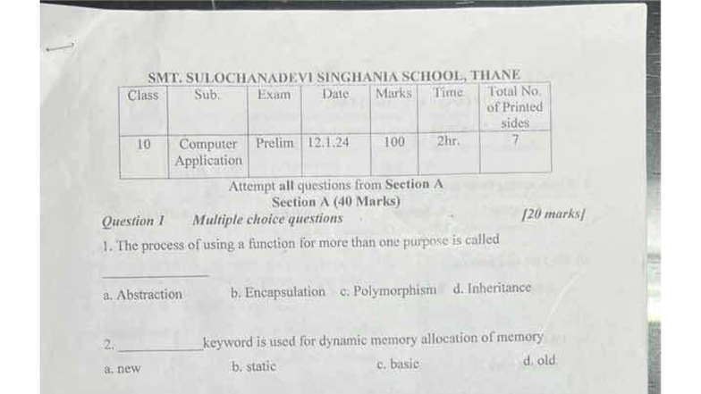 SMT. SULOCHANADEVI SINGHANIA SCHOOL, THANE 10 Computer Prelim Exam ...