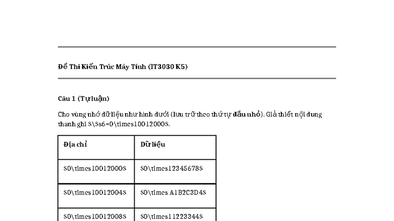 Đề cuối kỳ 2425 - Đ ề Thi Ki ến Trúc Máy Tính (IT3030 K5) Câu 1 (T ự lu ...