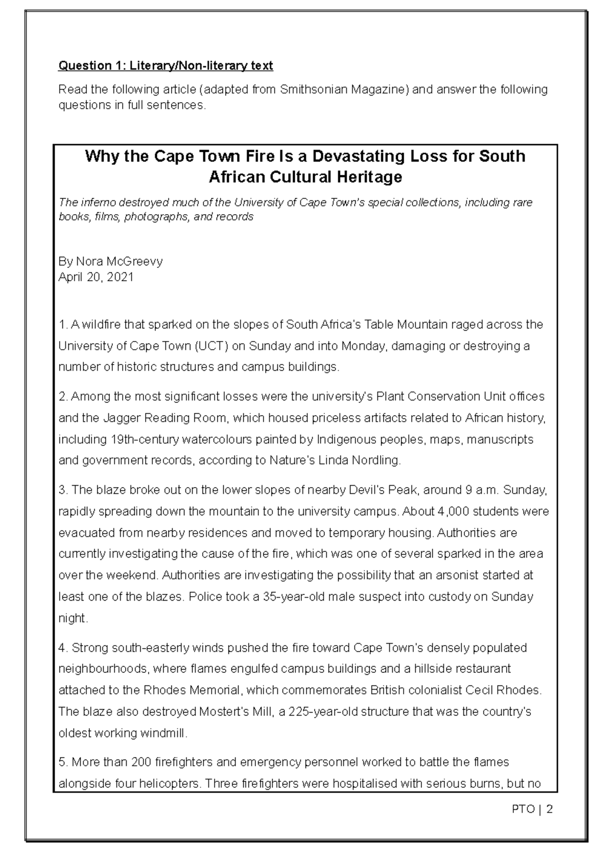 Grade 7 English HL June Controlled Test 2025: Cultural Heritage Fire ...