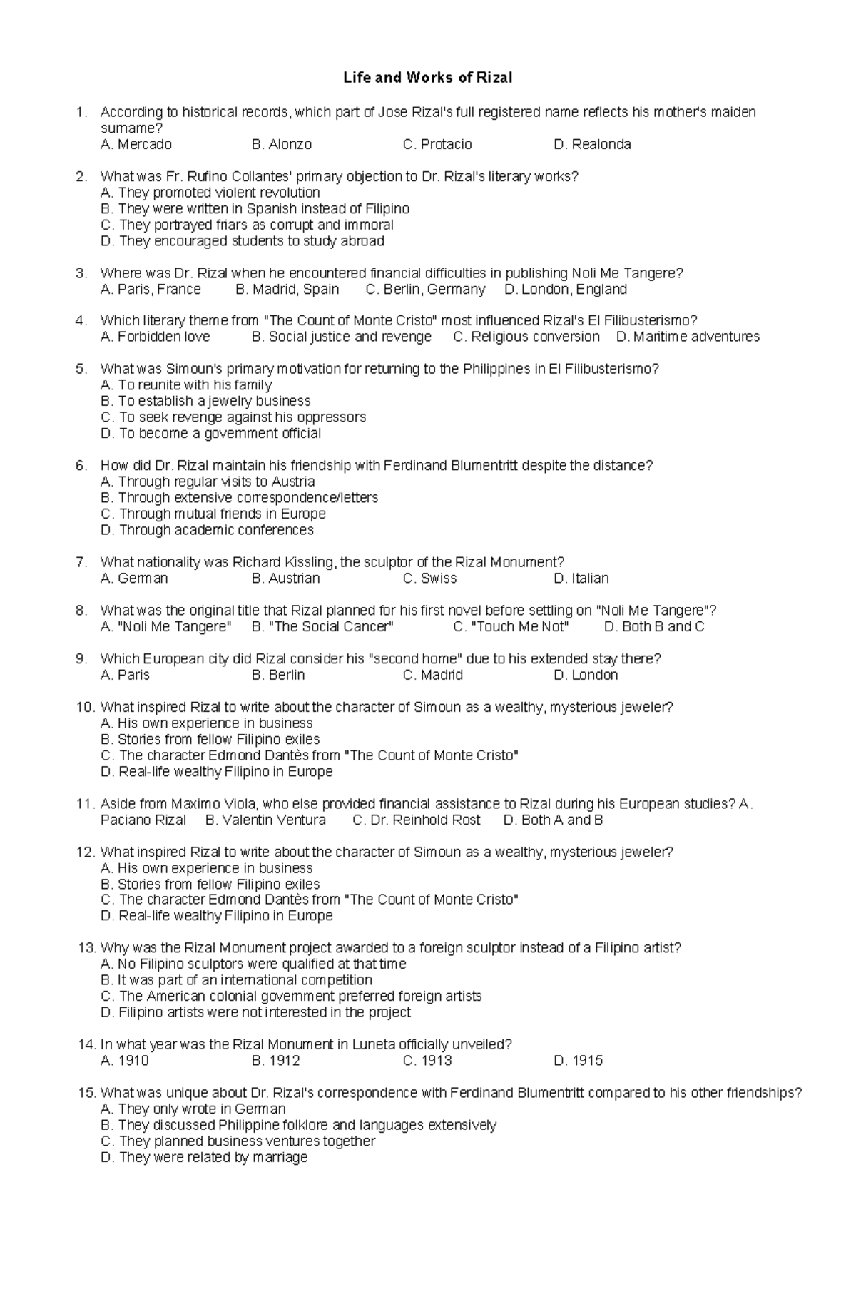 Life and Works of Rizal CA 1 Quiz: Key Questions and Answers - Studocu