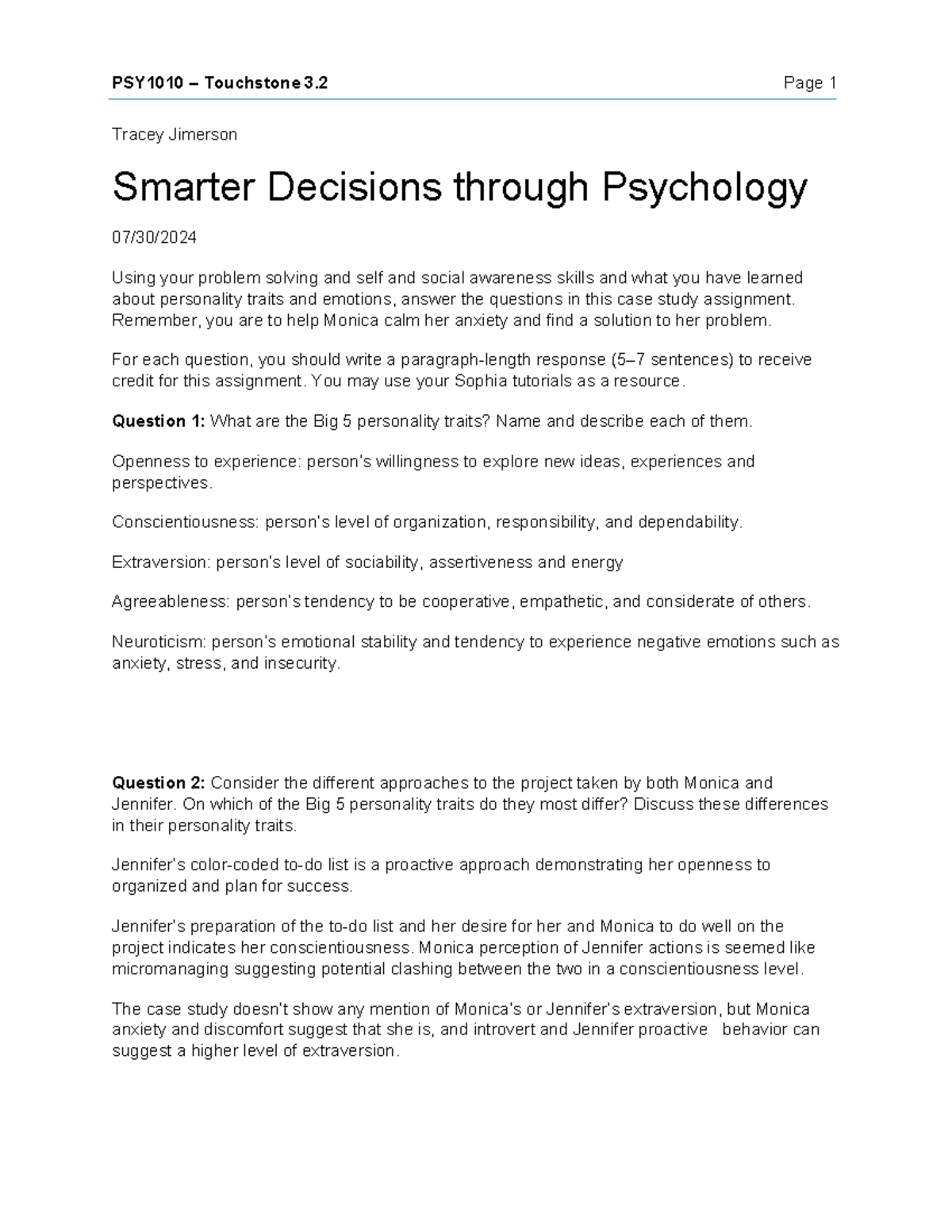 PSY1010 Case Study 2: Analyzing the Big 5 Personality Traits - Studocu