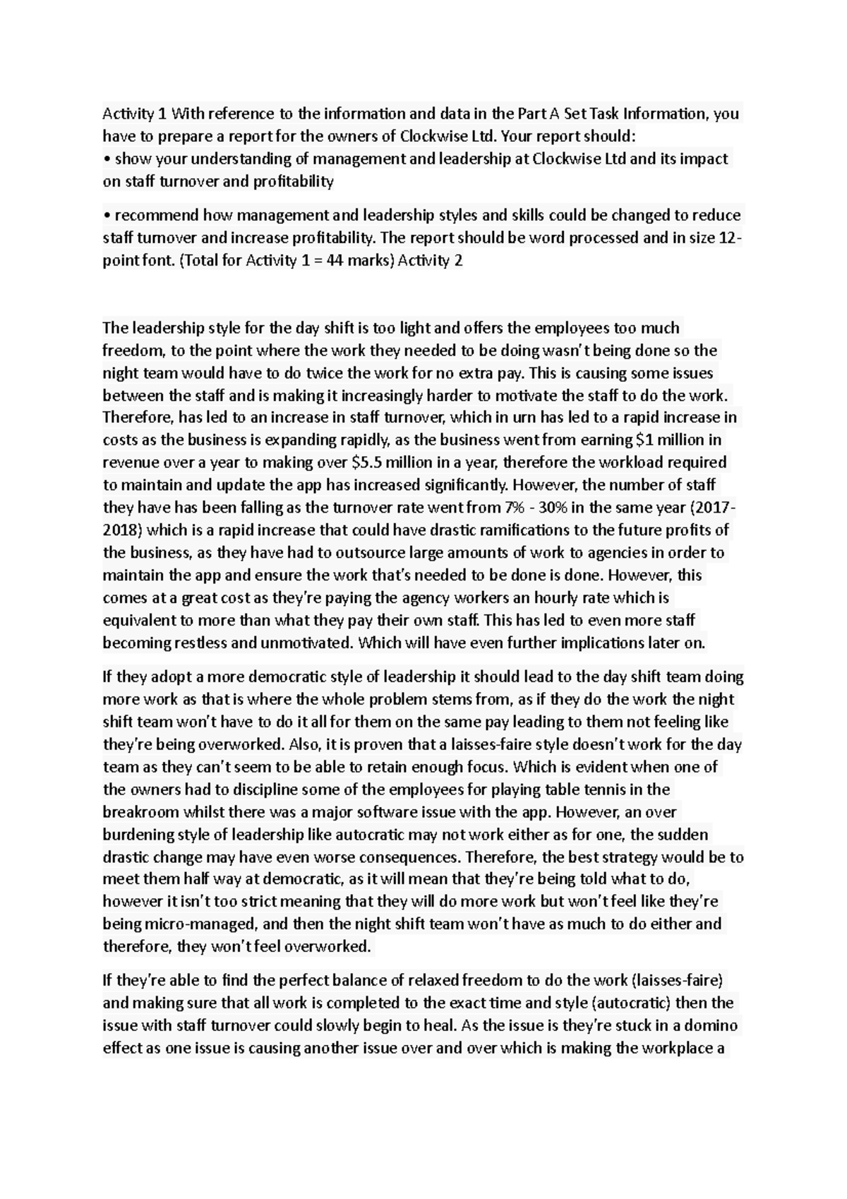 Management & Leadership Analysis: Clockwise Ltd. Report (Activity 1 ...