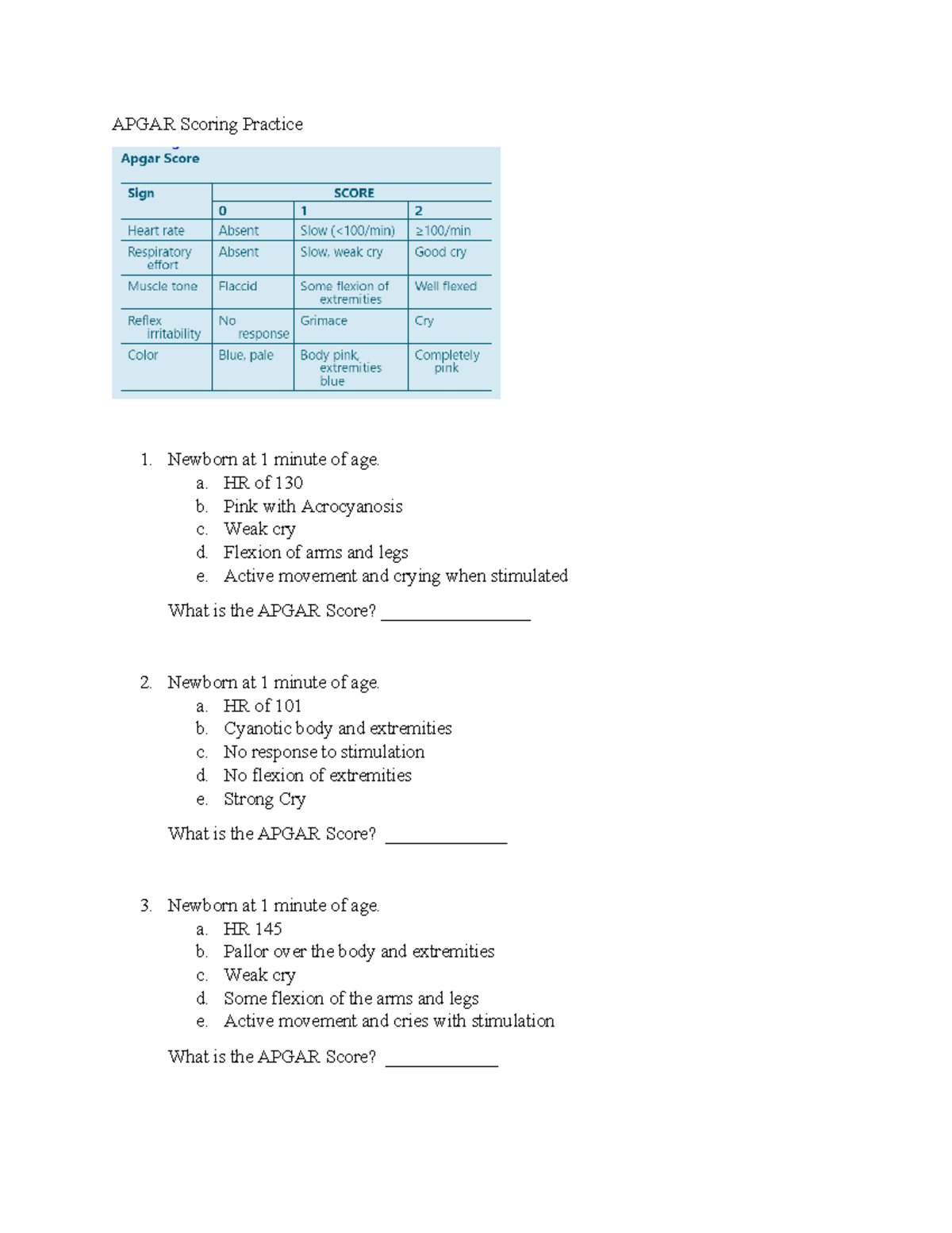 APGAR Score Practice Questions for Newborn Assessments - Studocu