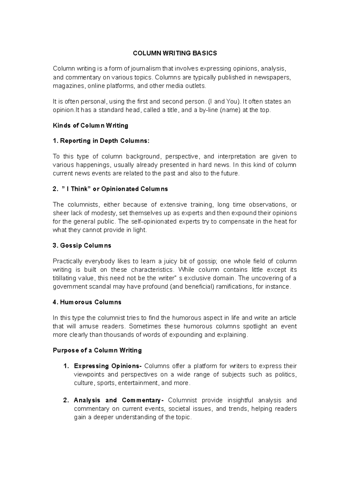 Column Writing Basics in Journalism: Techniques & Strategies - Studocu